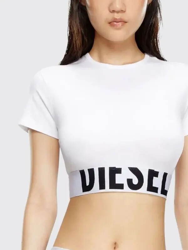 DIESEL® Slim Fit Cropped Stretch Cotton Top With Contrast Logo - White