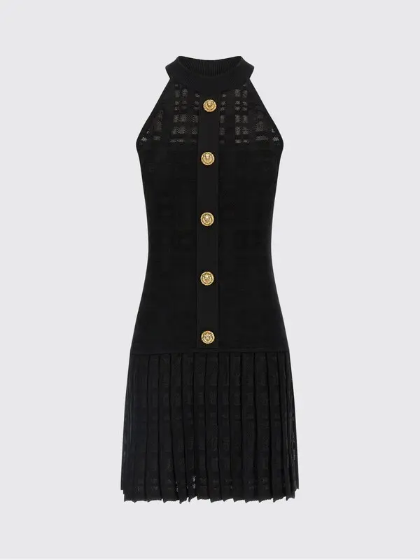 Balmain Halterneck Pleated Dress - Black