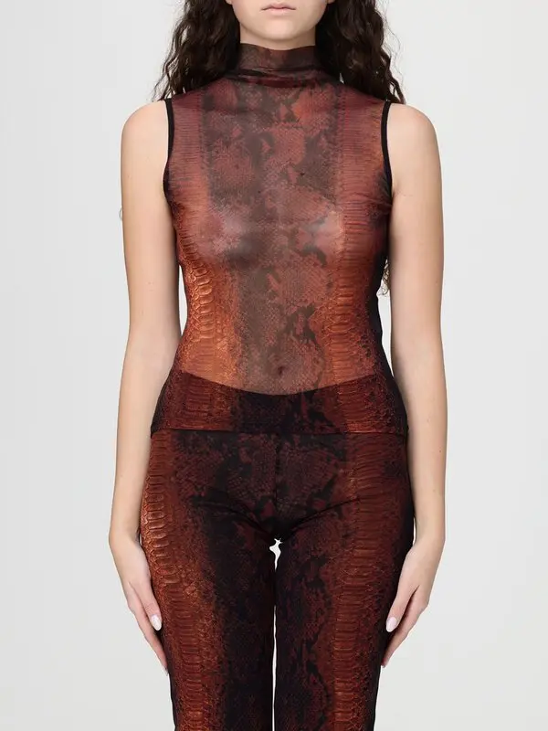 JEAN PAUL GAULTIER Sleeveless Python Print Tulle Turtleneck Top - Brown
