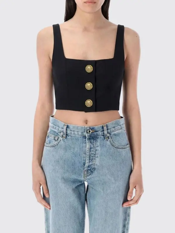 Balmain Cropped Top With Embellished Buttons - Black