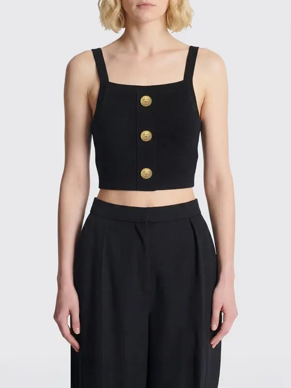 Balmain Cropped Knit Top With Embellished Buttons - Black