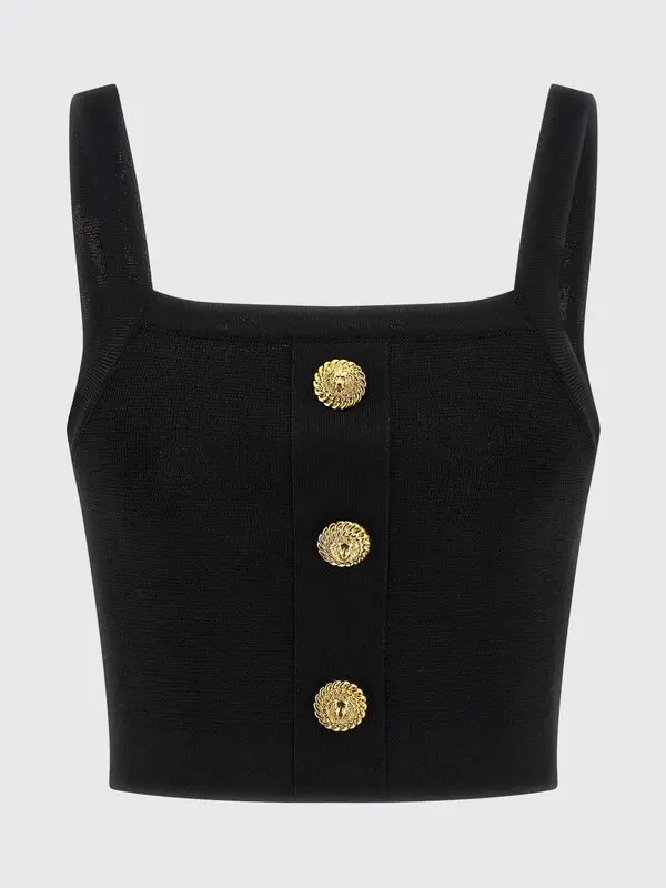 Balmain Cropped Knit Top With Embellished Buttons - Black