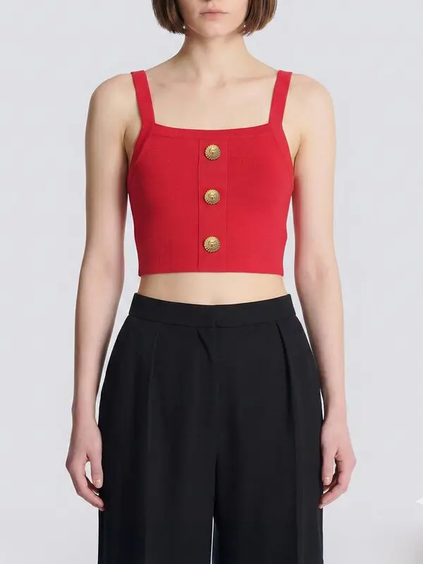 Balmain Cropped Knit Top With Embellished Buttons - Fuchsia