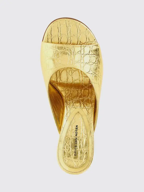 Dries Van Noten Laminated Crocodile Print Leather Mules - Gold