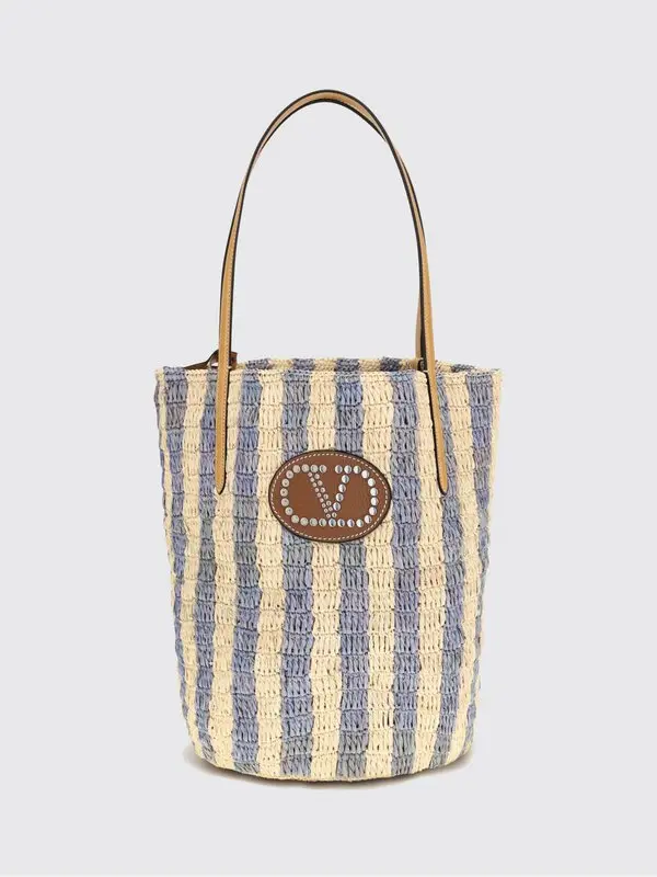 Valentino Garavani Striped Raffia Shoulder Bag - Gnawed Blue