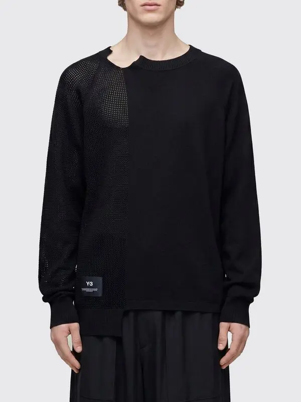 Y3 Crew Neck Pullover With Distressed Mesh And Asymmetrical Hem - Black