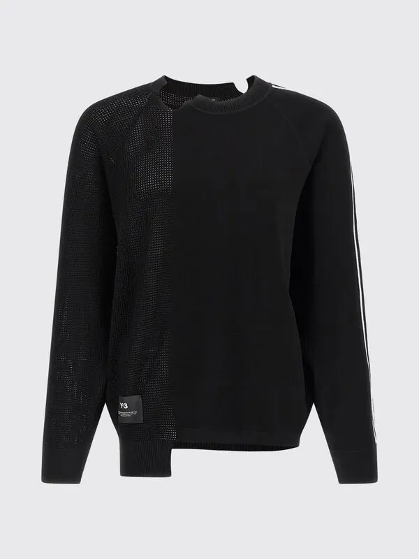Y3 Crew Neck Pullover With Distressed Mesh And Asymmetrical Hem