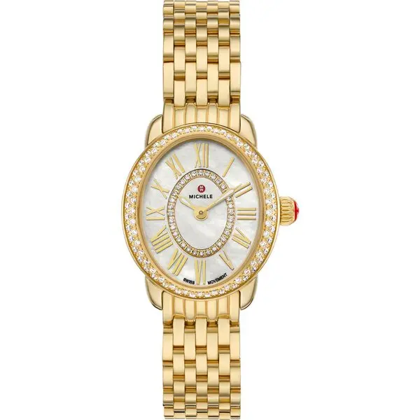 Michele Serein Oval Diamond & Mother-of-pearl Bracelet Watch - Gold