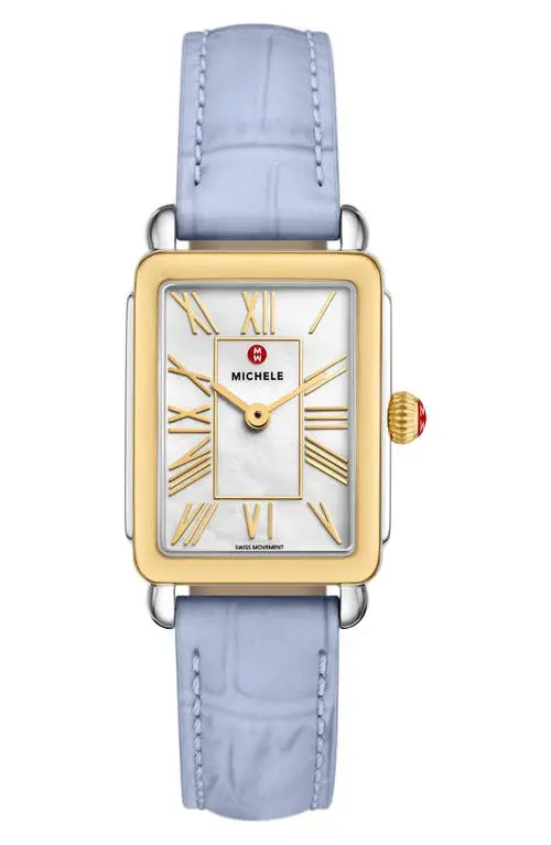 Michele Deco Park Two-tone Mother-of-pearl Leather Strap Watch - Blue