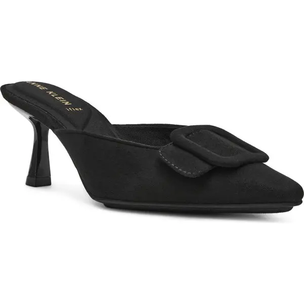 Anne Klein Cassia Buckled Kitten Heel Mules - Black Microsuede