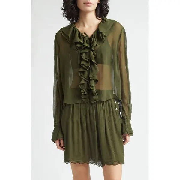 BODE Flounce Ruffle Silk Top - Olive