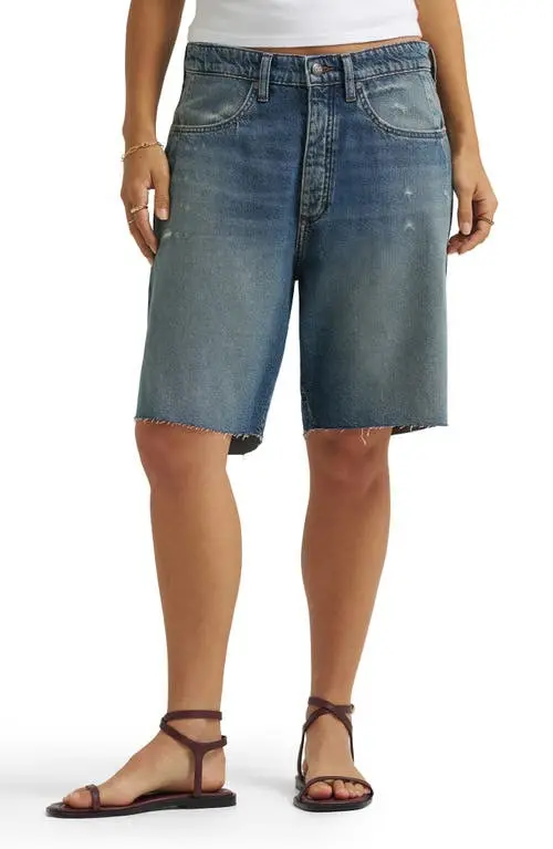 LEEM Darted Slouch Distressed Denim Bermuda Shorts - Heavy Rainfall