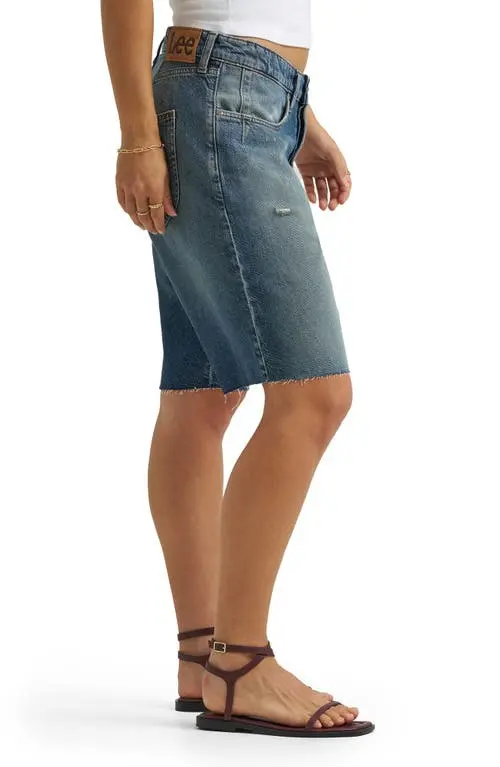 LEEM Darted Slouch Distressed Denim Bermuda Shorts - Heavy Rainfall