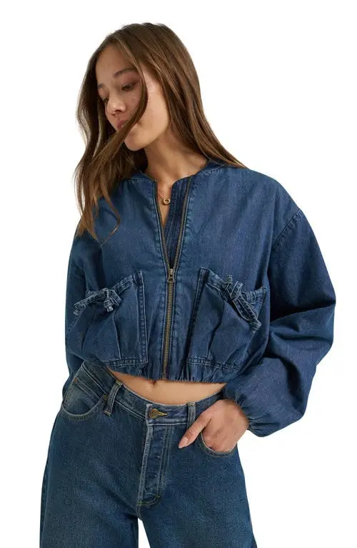 LEEM Oversized Bubble Hem Denim Bomber Jacket