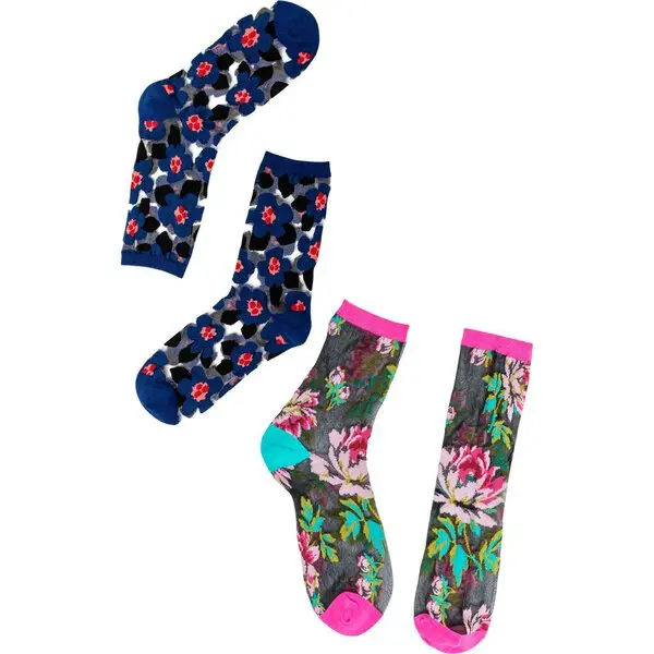 SOCK CANDY Bold Blooms Floral Sheer Crew Socks - Blue/pink