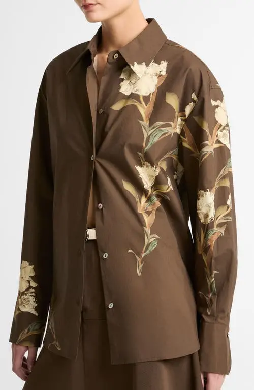 Vince Iris Print Longline Shirt - Dark Bark