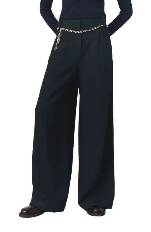Maje Tweed Wide-leg Trousers With Chain Belt - Navy