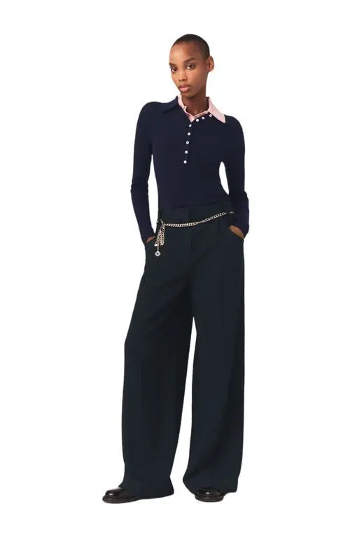 Maje Tweed Wide-leg Trousers With Chain Belt - Navy