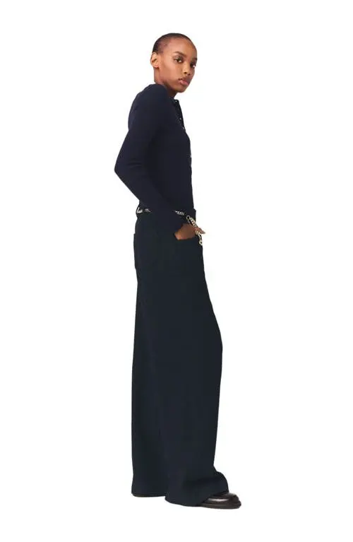Maje Tweed Wide-leg Trousers With Chain Belt - Navy
