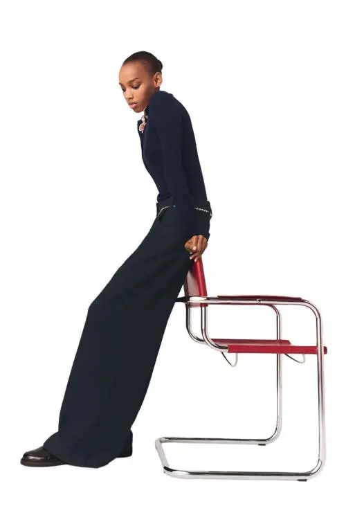 Maje Tweed Wide-leg Trousers With Chain Belt - Navy