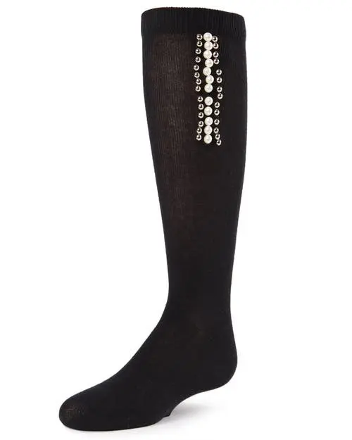 MEMOI Pearls And Stripes Knee High Socks - Black