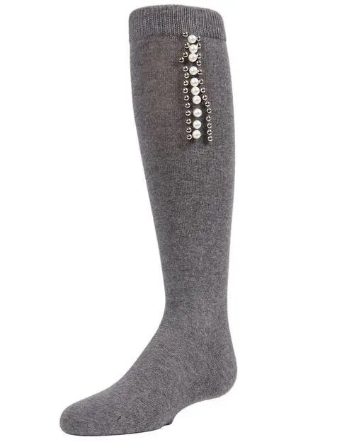 MEMOI Pearls And Stripes Knee High Socks - Medium Gray