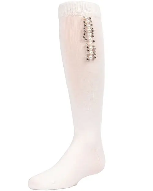 MEMOI Pearls And Stripes Knee High Socks - Winter White