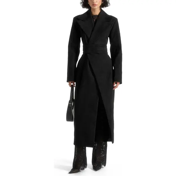 Manière De Voir Asymmetric Suede Coat With Detachable Belt - Black