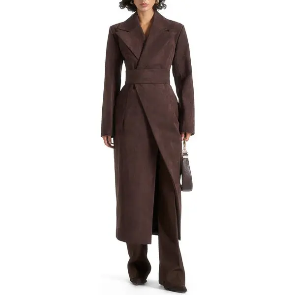 Manière De Voir Asymmetric Suede Coat With Detachable Belt - Brown
