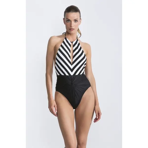 NESSI BYRD Striped Plunging Keyhole One-piece Swimsuit - Black-white