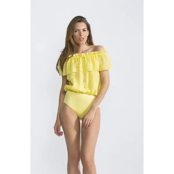 NESSI BYRD Textured Off-the-shoulder Ruffled One-piece Swimsuit - Yellow