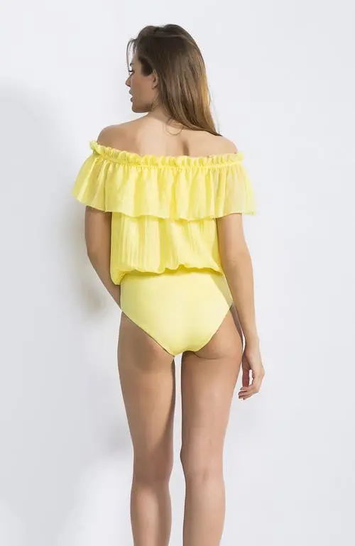 NESSI BYRD Textured Off-the-shoulder Ruffled One-piece Swimsuit