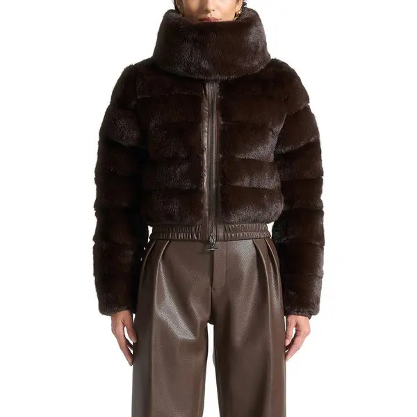 Manière De Voir Plush Ribbed Puffer Jacket With Detachable Scarf - Brown
