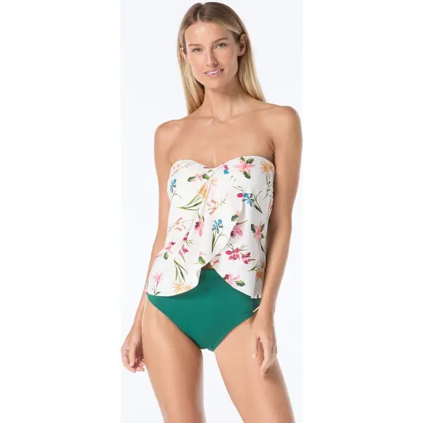 Vince Camuto Bandeau Draped Floral Print Tankini Top - Ivory