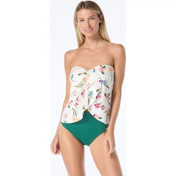 Vince Camuto Bandeau Draped Floral Print Tankini Top - Ivory