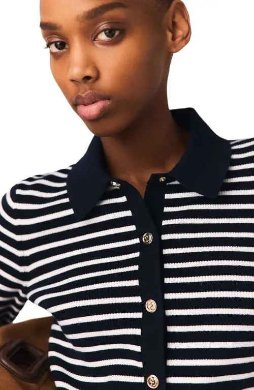 Maje Striped Polo Cardigan - Navy
