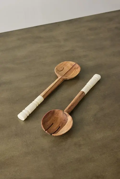 KANJU INTERIORS Olive Wood Salad Servers With Polished Bone Handles - Natural