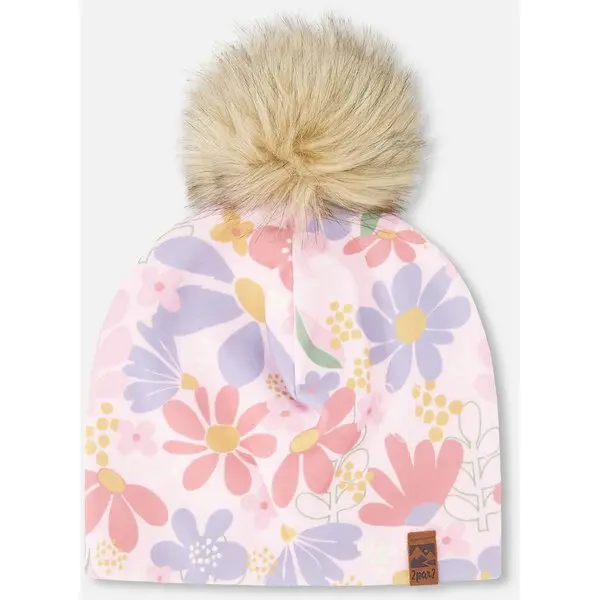 DEUX PAR DEUX Stretch Jersey Cap With Flower Print And Pompom - Pink Flower Print