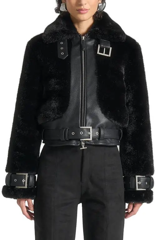 Manière De Voir Deya Plush & Leather Belted Jacket - Black