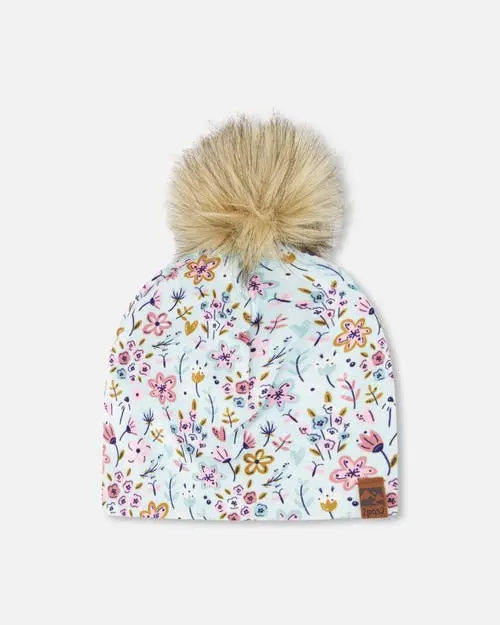 DEUX PAR DEUX Stretch Jersey Hat With Mini Flower Print And Pompom - Blue Mini Flower Print