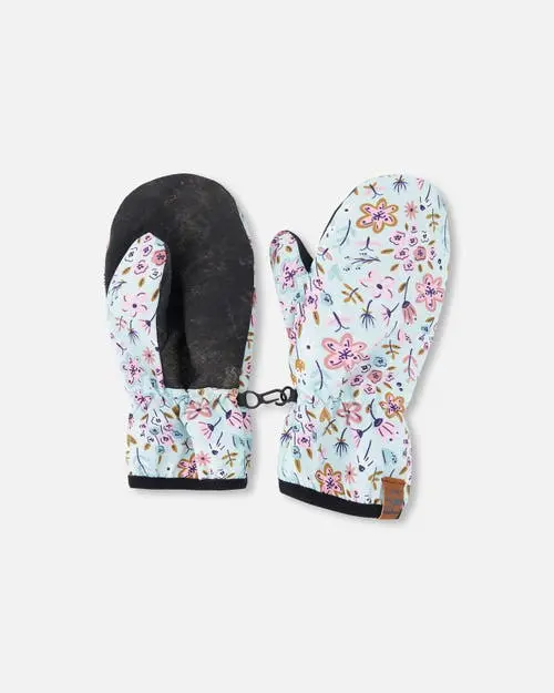 DEUX PAR DEUX Mid-season Mini Flower Mittens - Blue Mini Flower Print