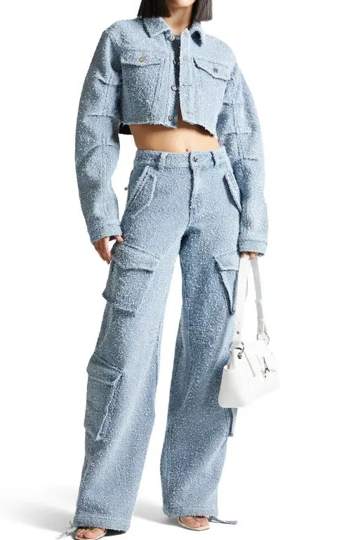 Manière De Voir Catherine Cropped Boucle Denim Jacket - Mid Blue