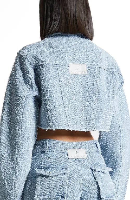 Manière De Voir Catherine Cropped Boucle Denim Jacket - Mid Blue