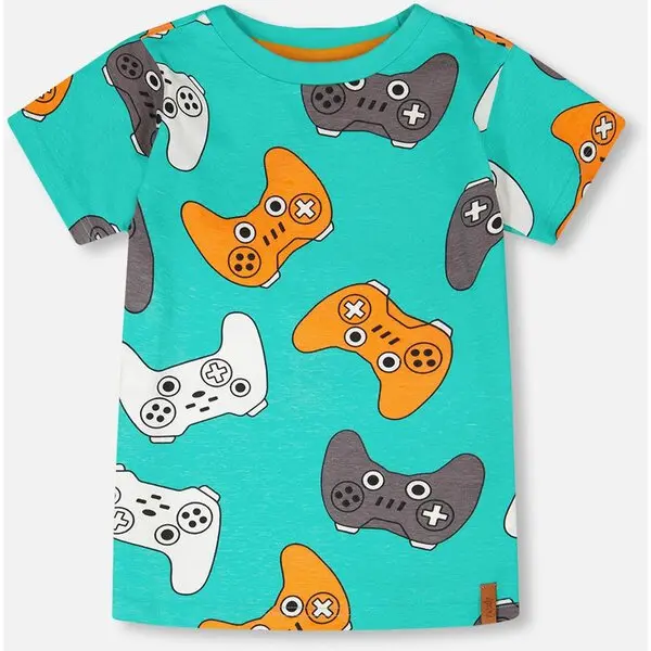 DEUX PAR DEUX Organic Cotton Jersey Gamepads T-shirt - Blue Printed Gamepads