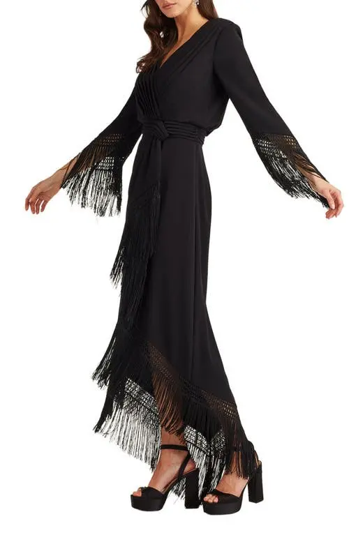 Tadashi Shoji Fringe Detail Long Sleeve Gown