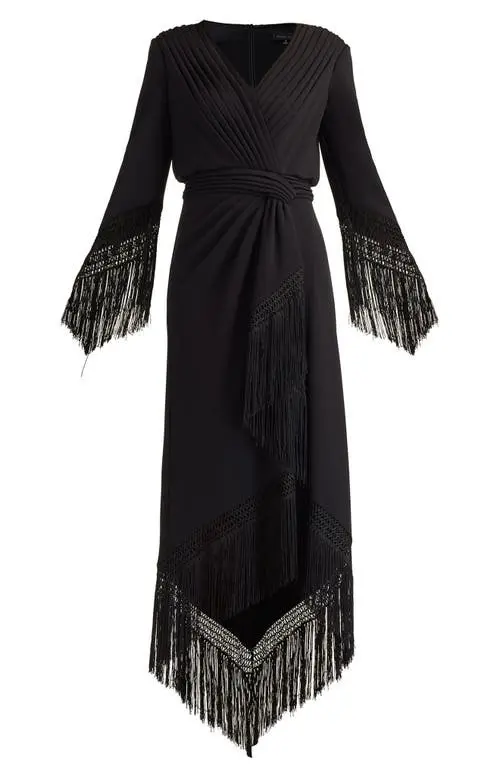 Tadashi Shoji Fringe Detail Long Sleeve Gown