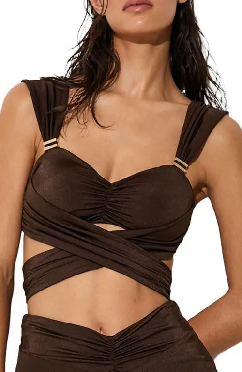 REISS Maisie Metallic Wrap Bikini Top - Chocolate Brown