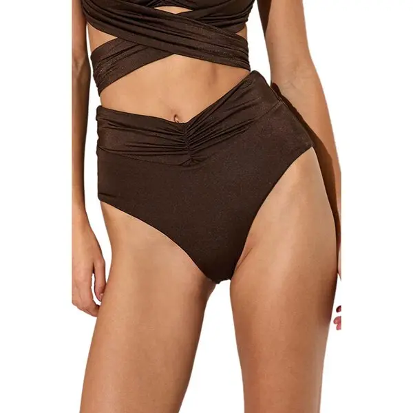 REISS Maisie Metallic High Waisted Bikini Bottom - Chocolate Brown