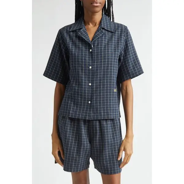 WALES BONNER London Windowpane Check Stretch Linen Bowling Shirt