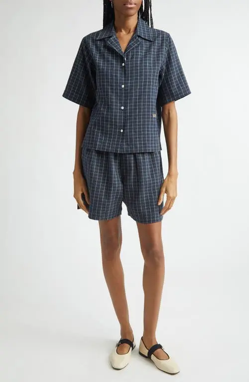WALES BONNER London Windowpane Check Stretch Linen Bowling Shirt